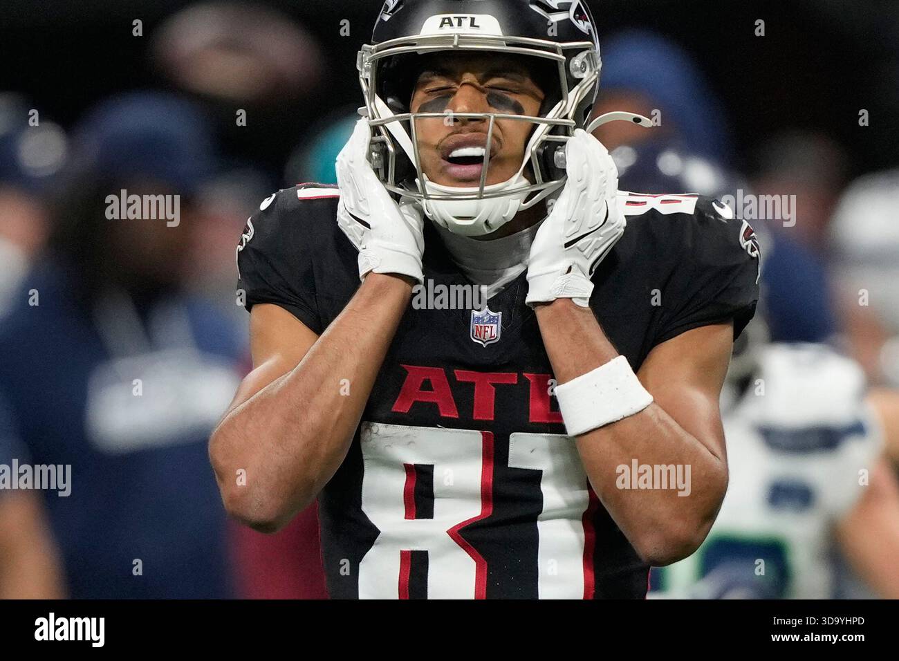 Atlanta Falcons wide receiver Dylan Drummond (81) reacts after an ...