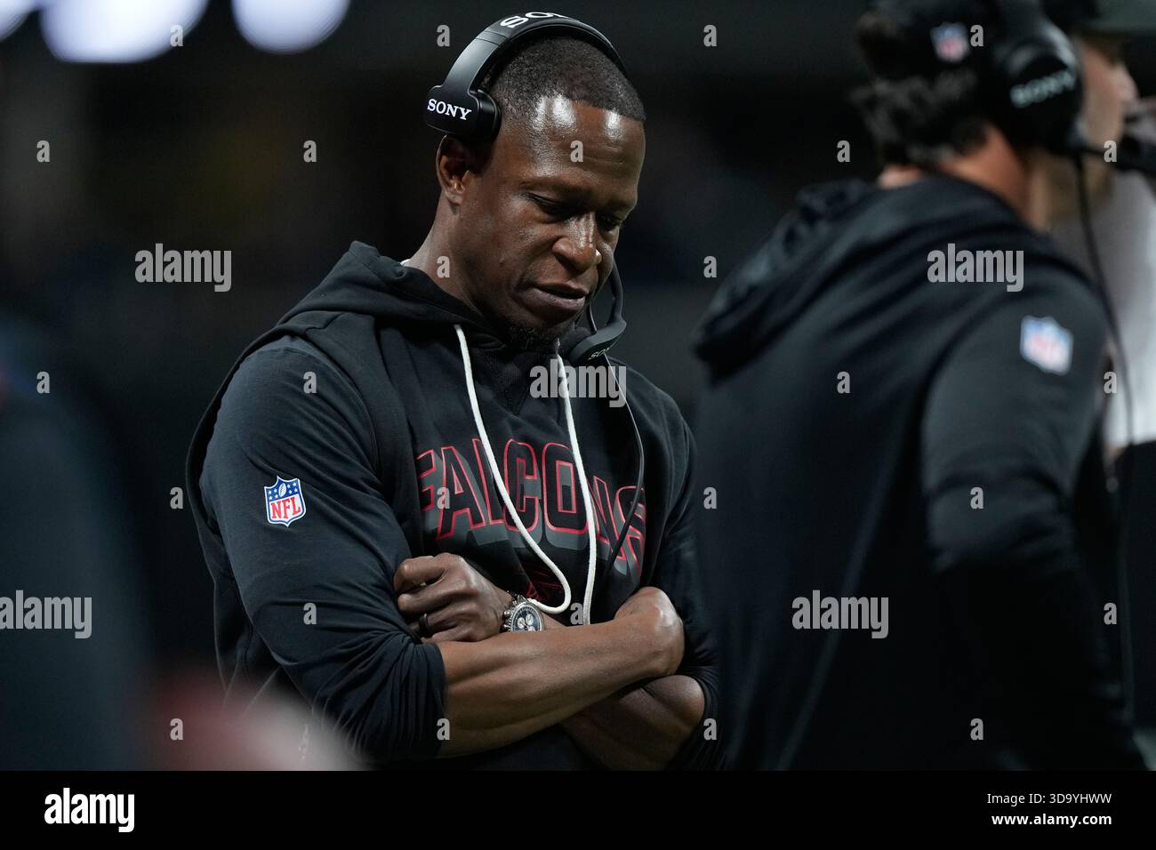Atlanta Falcons head coach Raheem Morris looks down on the sideline as ...