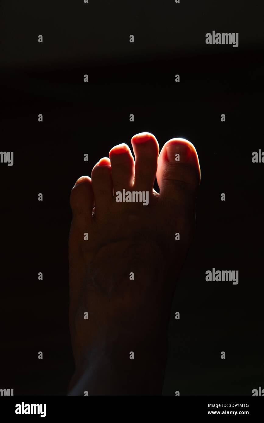 Frontal view of an isolated foot against a black background, backlit ...