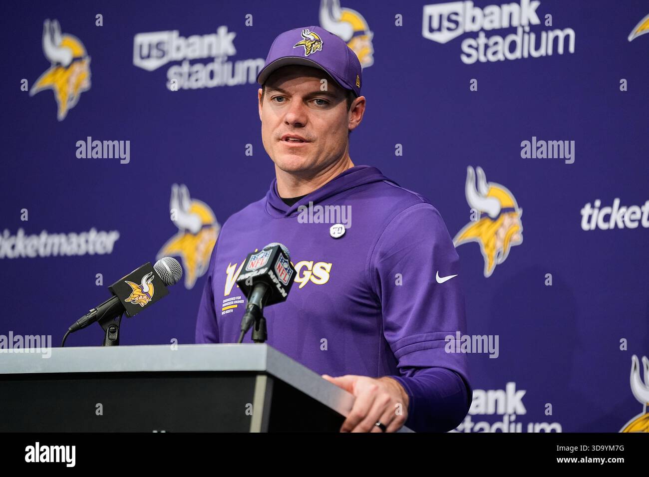 Minnesota Vikings head coach Kevin O'Connell speaks to reporters after ...