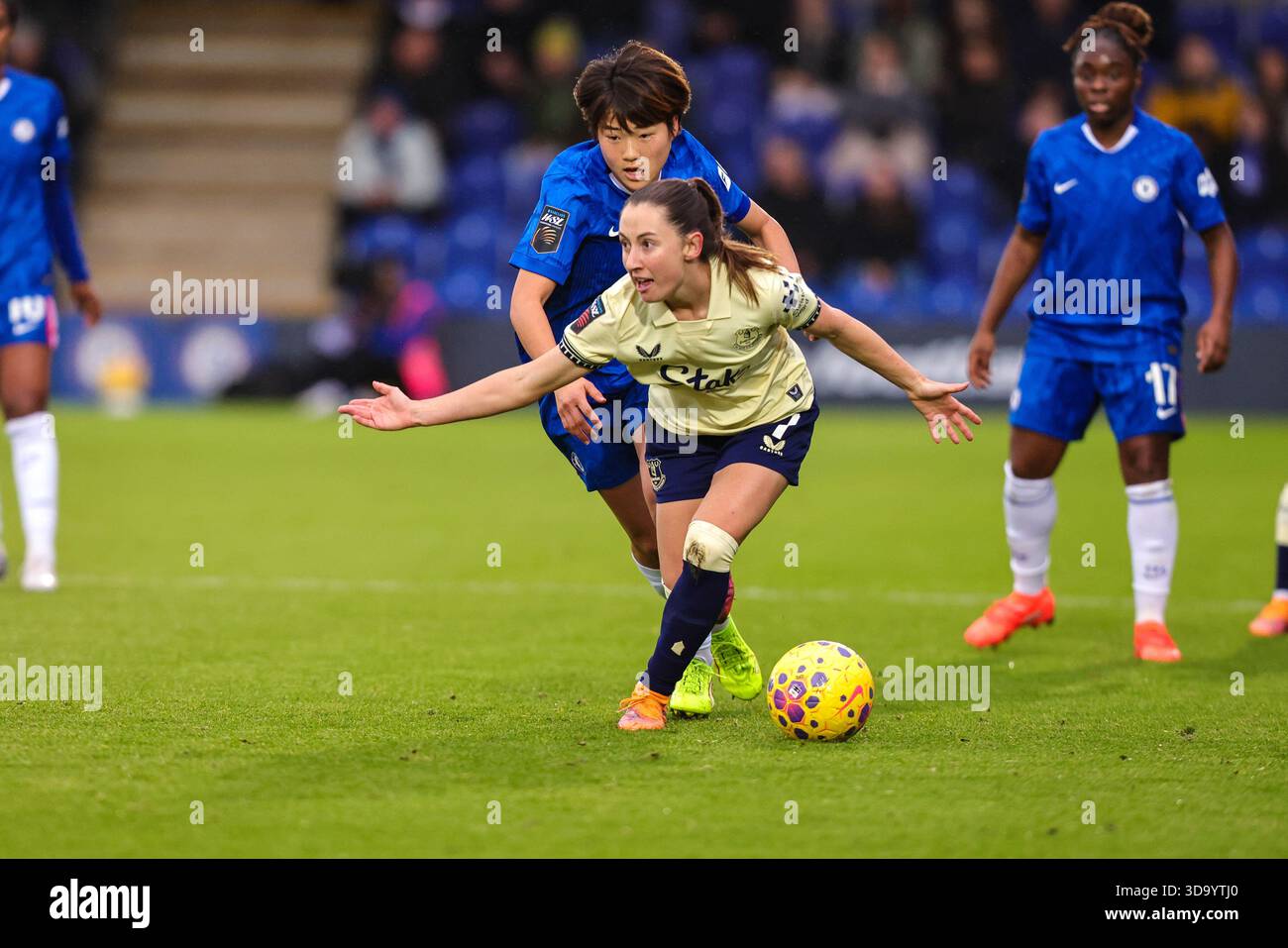 Clare Wheeler (7 Everton) is fouled by Maika Hamano (23 Chelsea) during ...