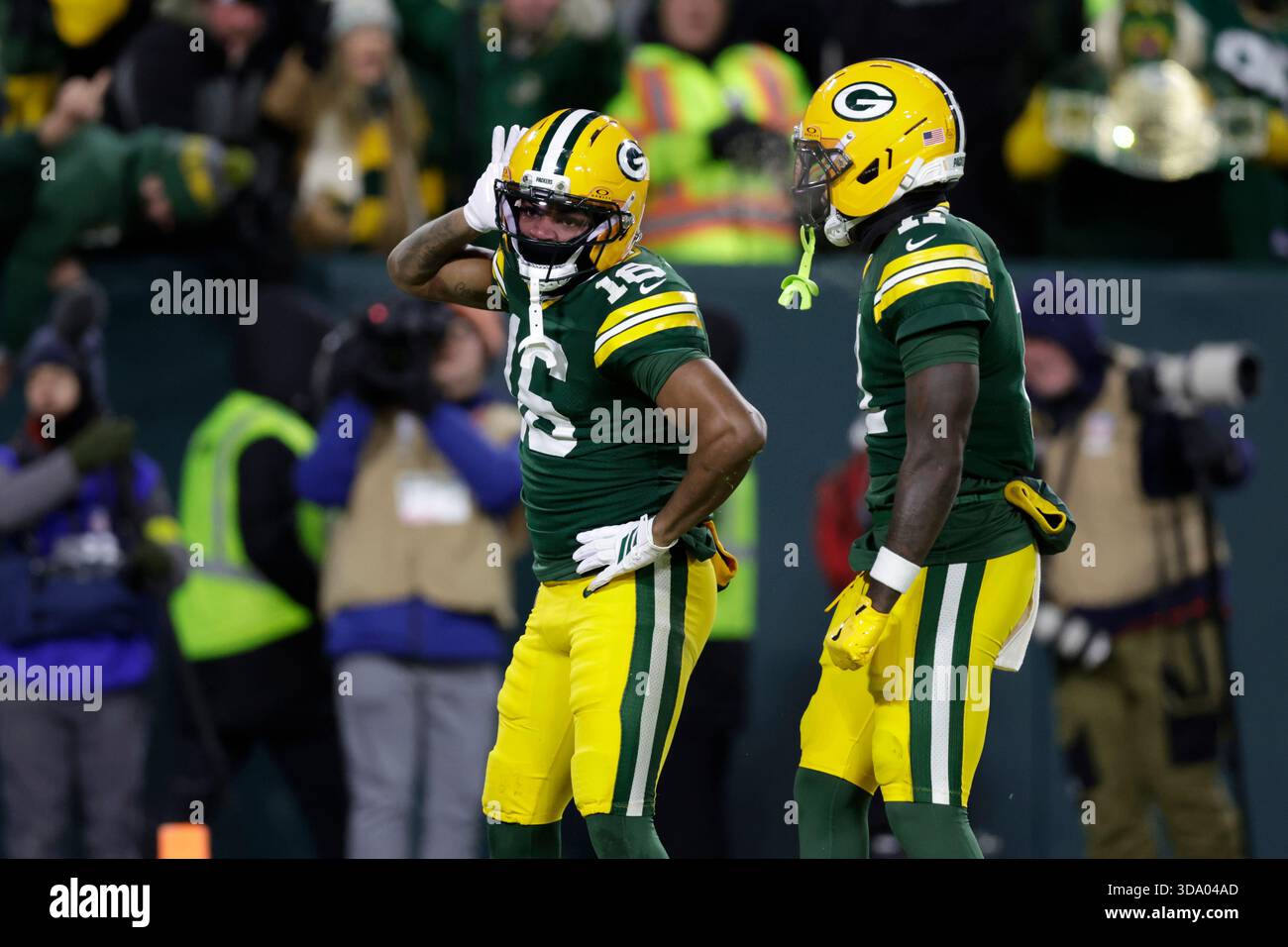 Green Bay Packers cornerback Bo Melton (16) celebrates after scoring a ...