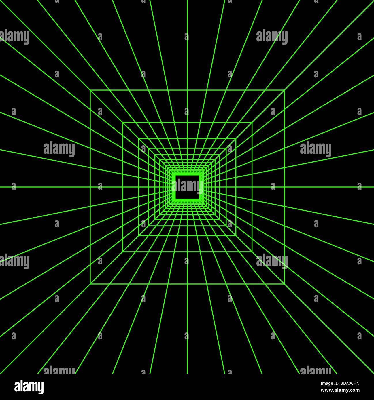Square portal green neon wireframe in perspective on black background ...