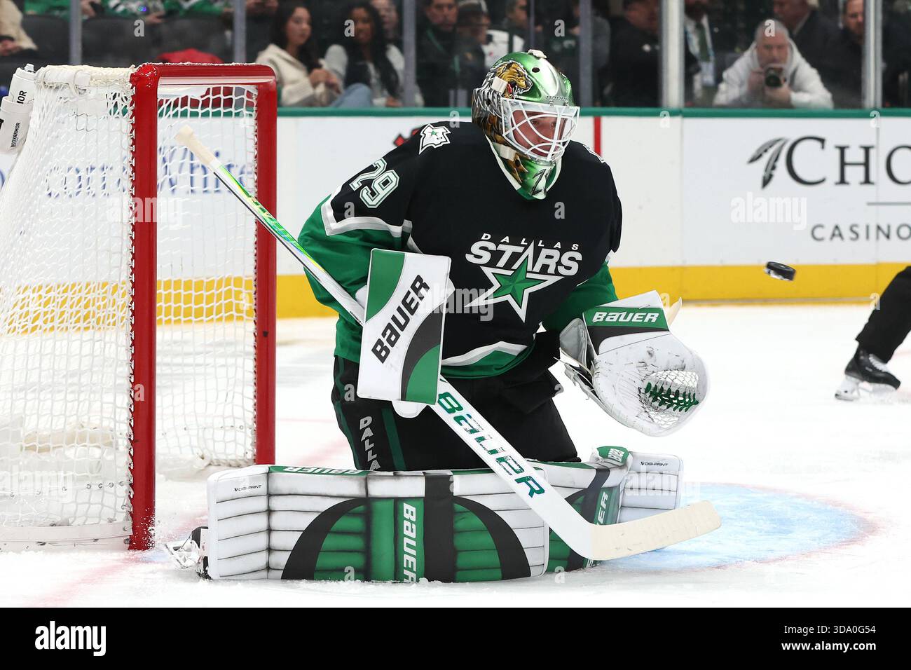 Dallas Stars goaltender Jake Oettinger blocks a shot during the second ...