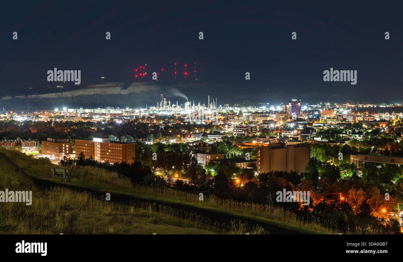 A night view of Billings, Montana. The oil refinery is brightly lit ...