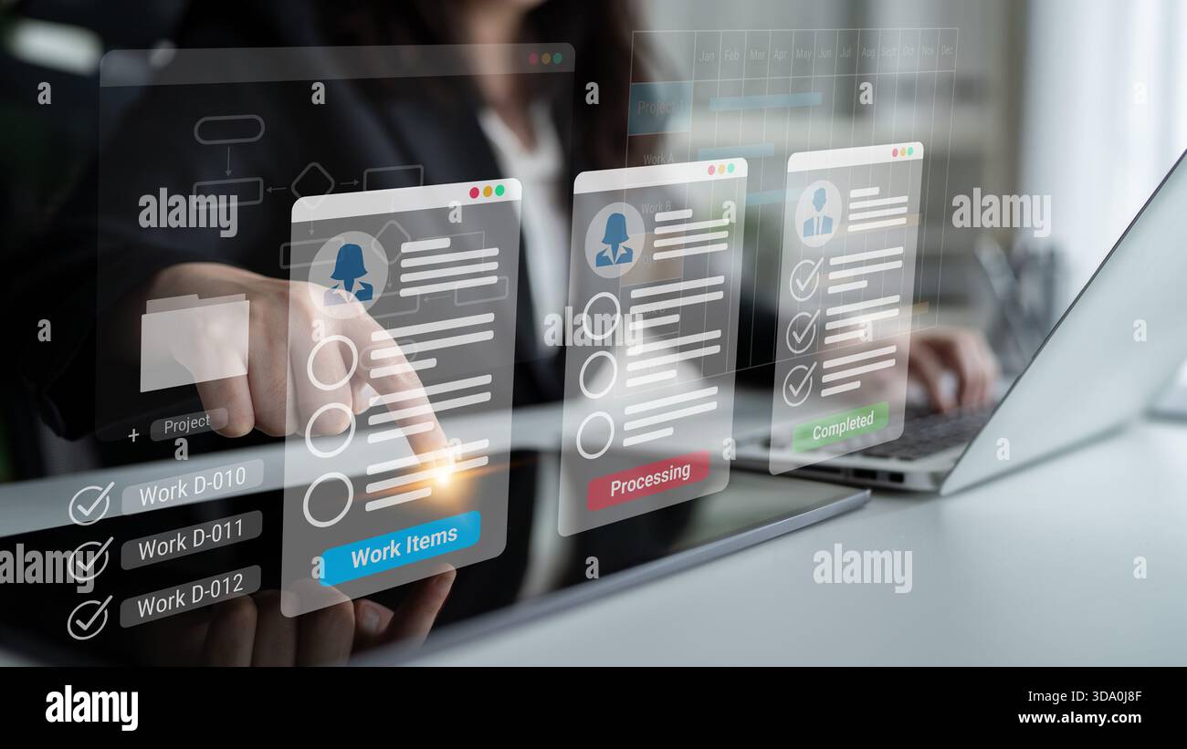 Digital interface displaying project tasks under Work Items, Processing ...