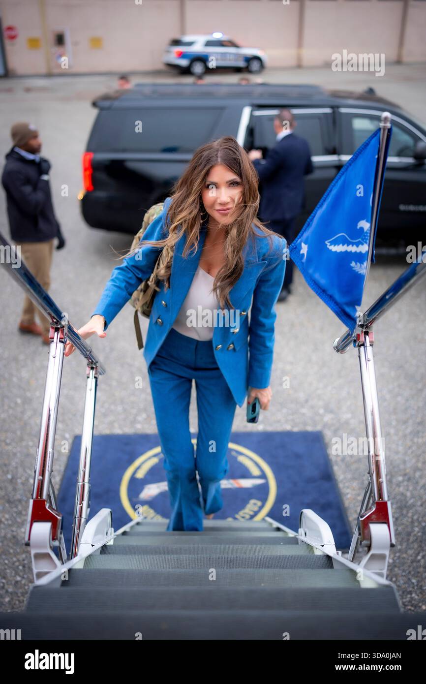 Secretary of Homeland Security Kristi Noem boards Coast Guard One at ...