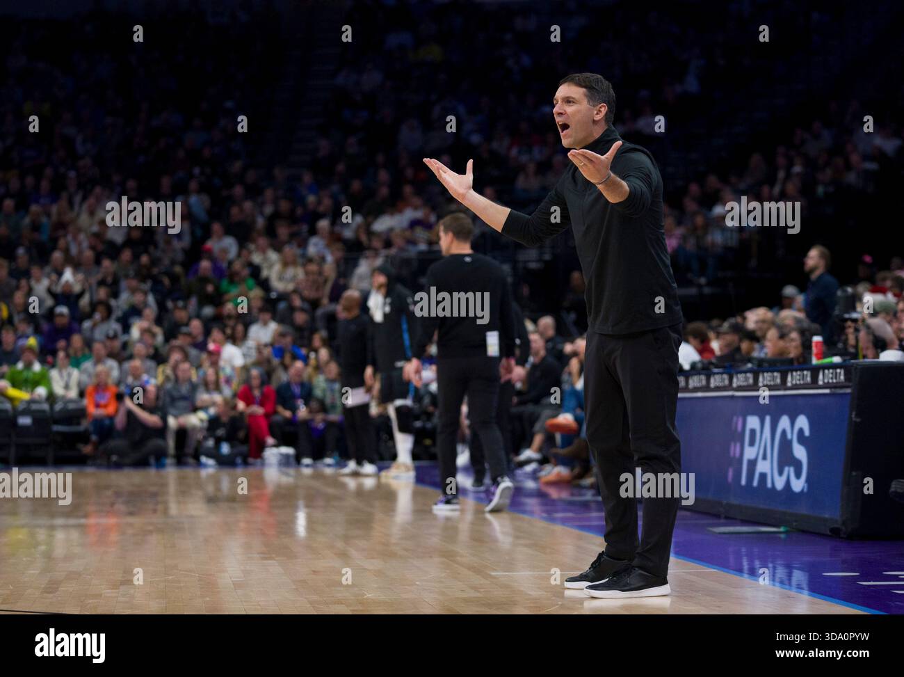 Oklahoma City Thunder head coach Mark Daigneault reacts to a call ...