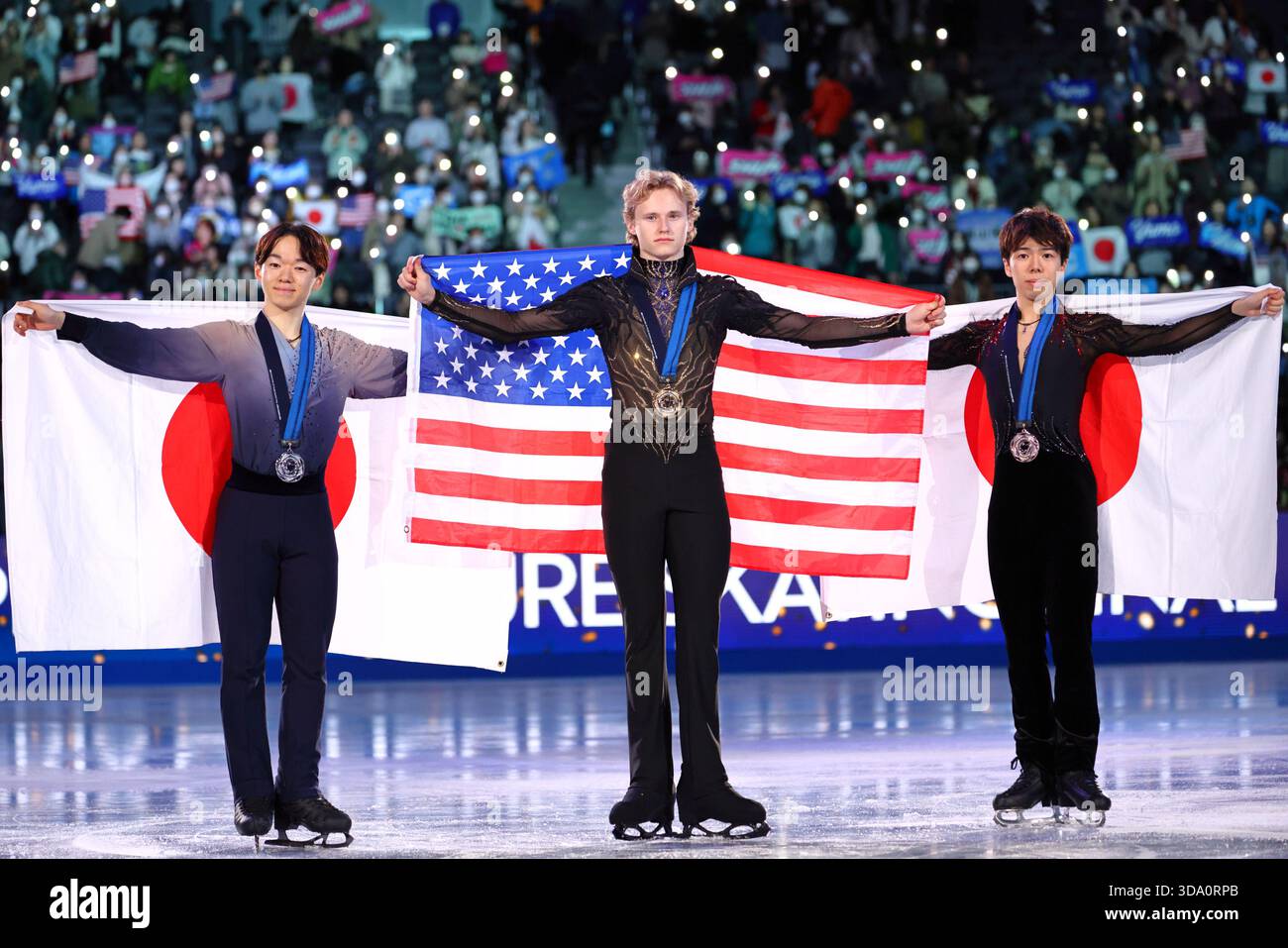 (L-R) Yuma Kagiyama (JPN), Ilia Malinin (USA), Shun Sato (JPN), DECEMBER 6, 2025 - Figure ...