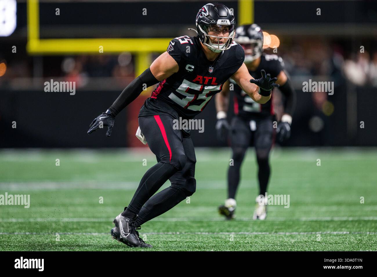 Atlanta Falcons linebacker Kaden Elliss (55) works during the second ...