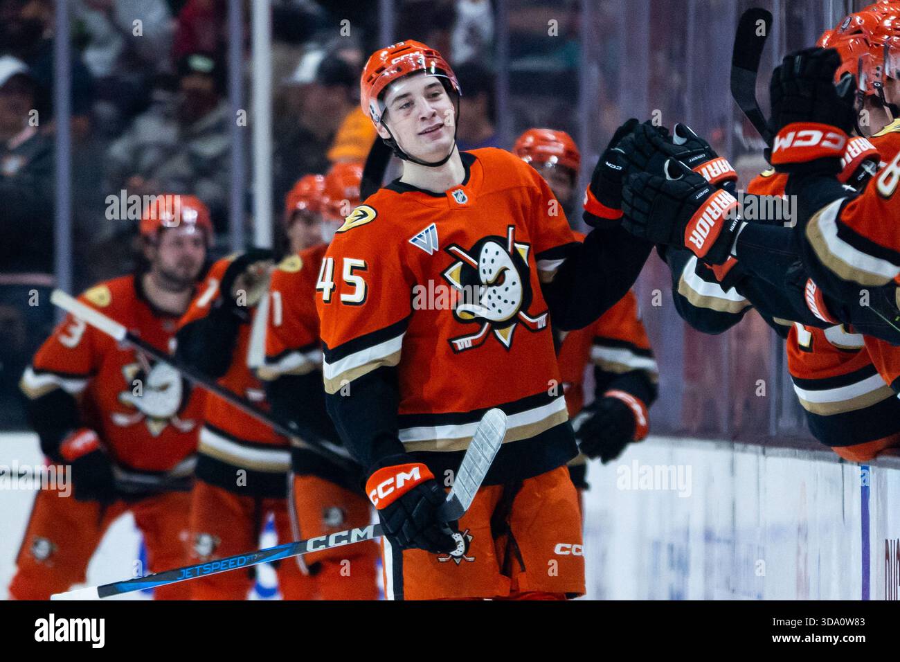Anaheim Ducks right wing Beckett Sennecke (45) reacts after scoring ...