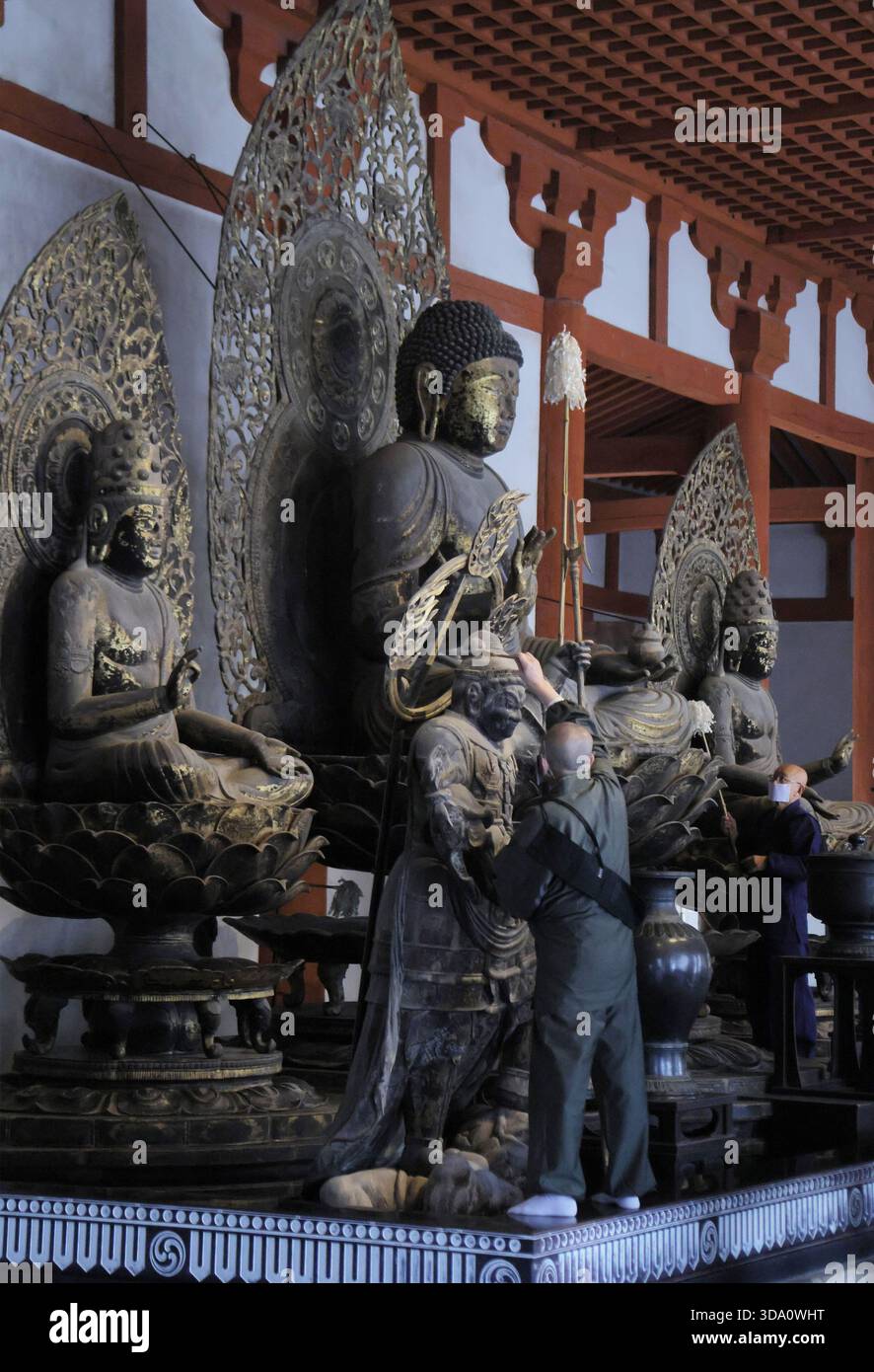Monks brush dust off the Buddha statues at the Great Hall of Horyuji ...