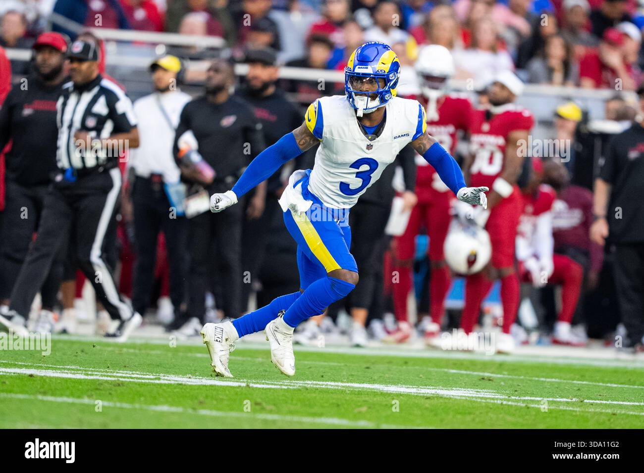 Los Angeles Rams safety Kam Curl (3) runs during an NFL football game ...