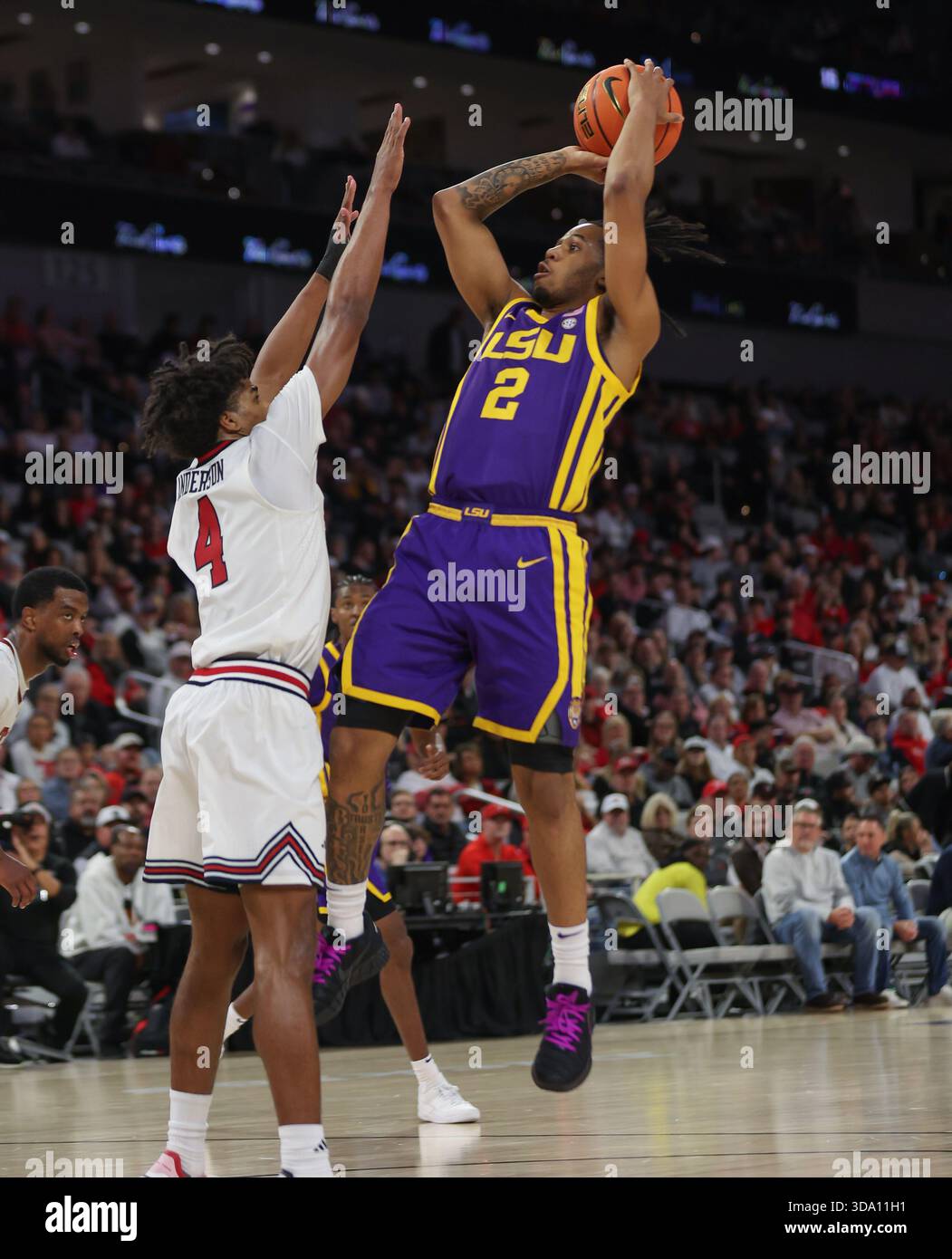December 7, 2025: LSU's Jalen Reece (2) takes a shot from the top of ...