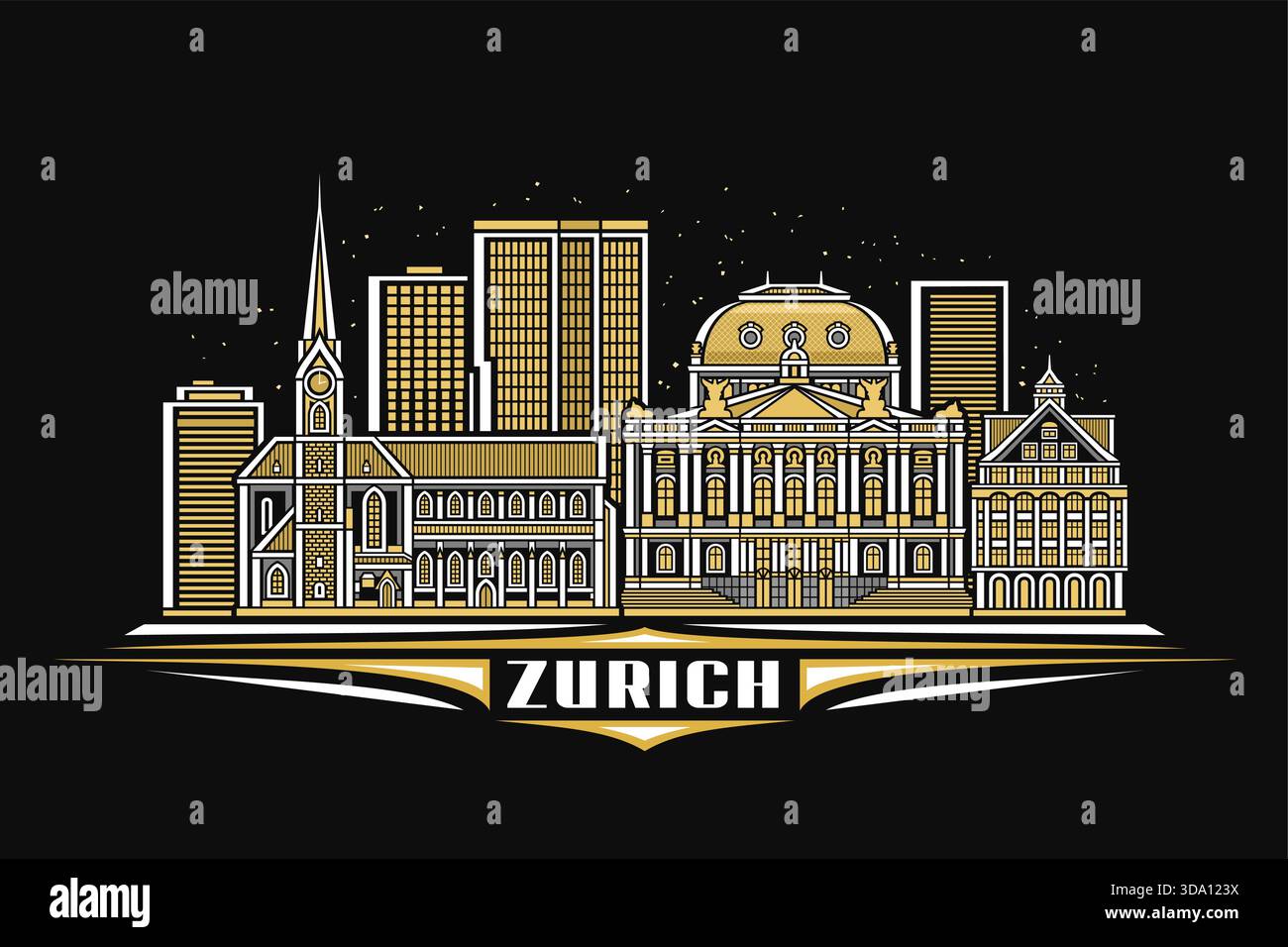 Vector illustration of Zurich, dark horizontal poster with linear ...