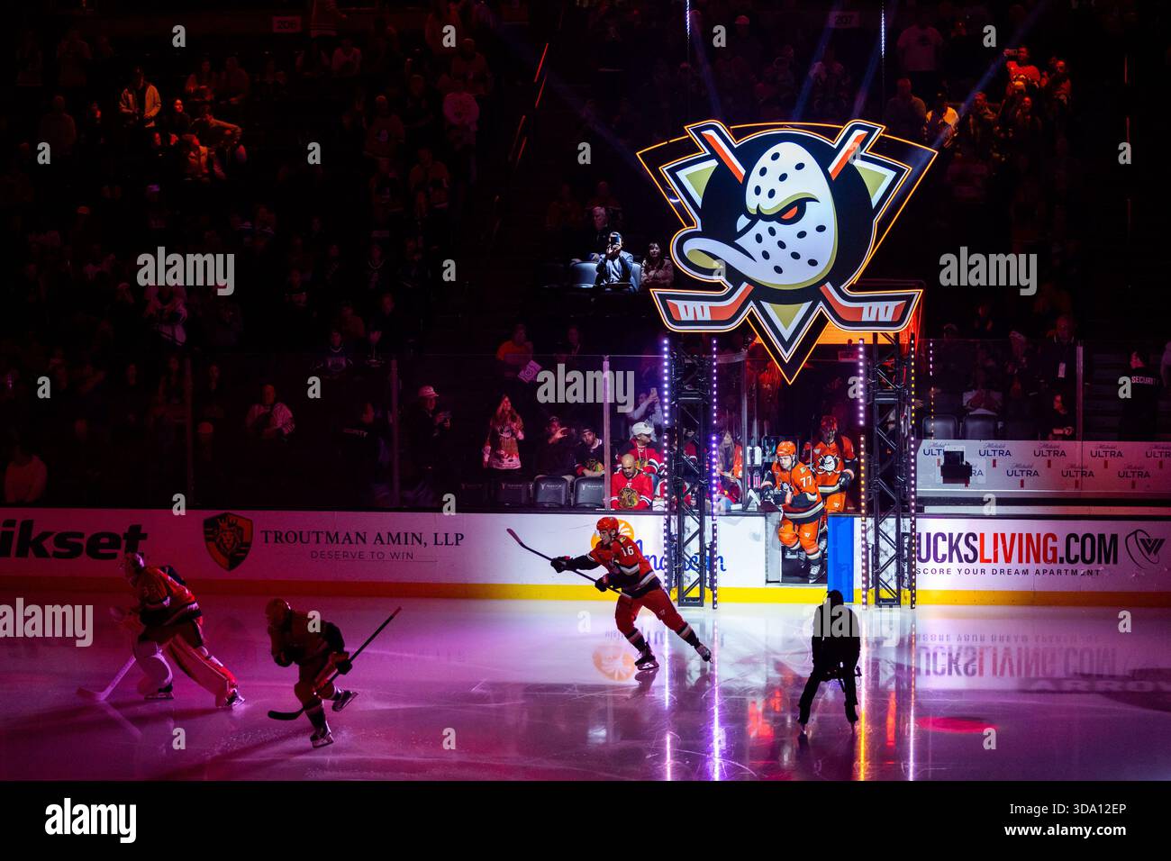 The Anaheim Ducks arrive on the ice before an NHL hockey game against ...