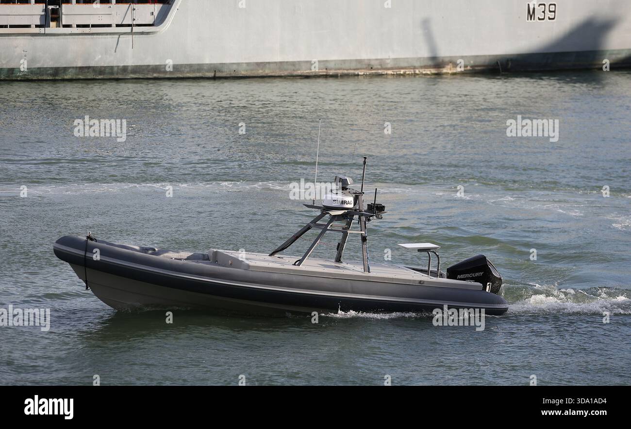 An unmanned surface vehicle called Rattler at Portsmouth Naval Base ...