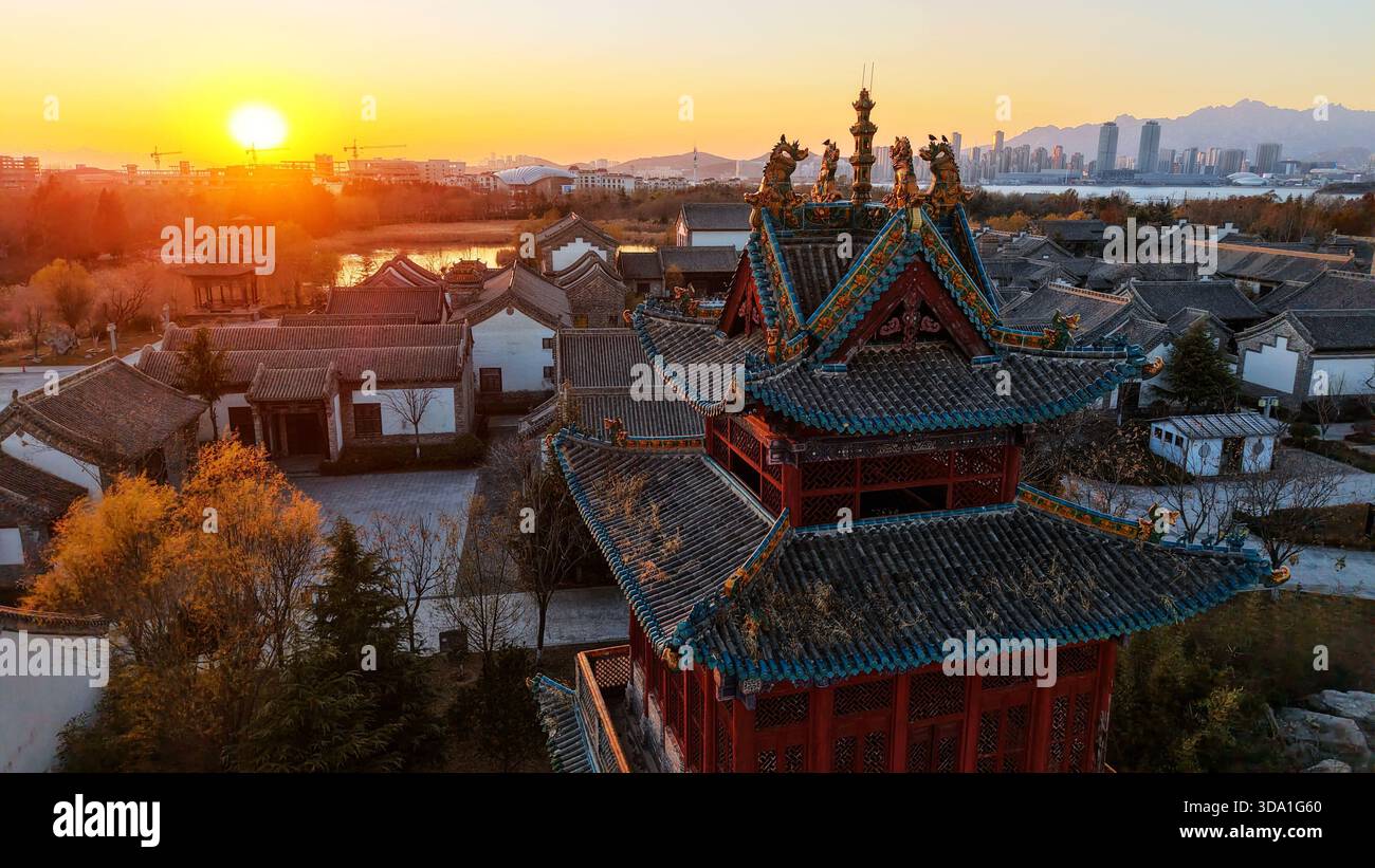 Aerial photo shows the winter scenery of a wetland park in Qingdao City ...