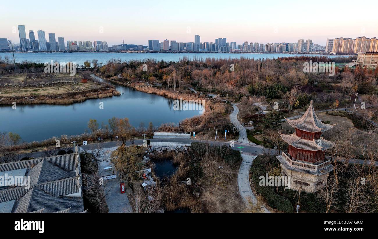 Aerial photo shows the winter scenery of a wetland park in Qingdao City ...