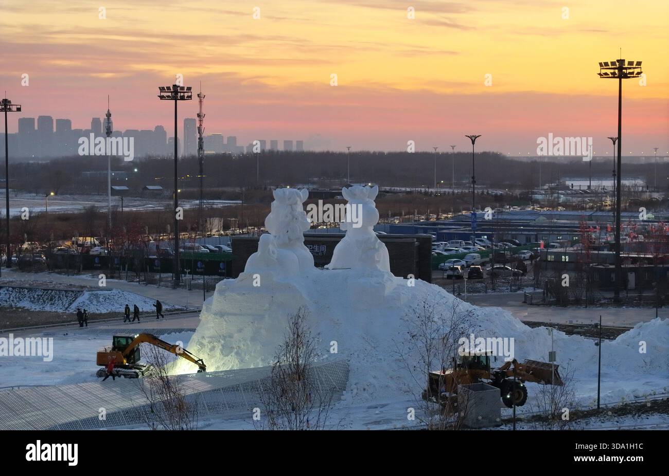 Horse-themed snow sculptures at the Harbin Ice-Snow World are under ...