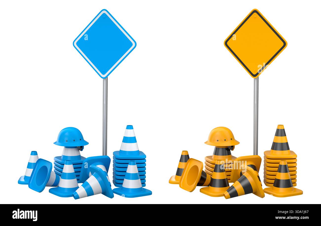Construction hard hats, traffic cones, and road signs isolated on white ...