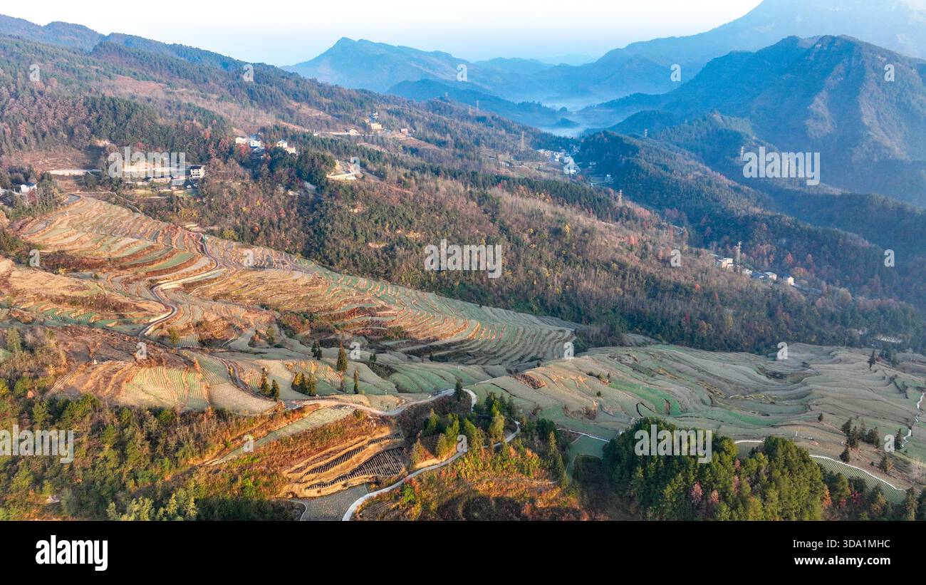Aerial photo shows the winter scenery of terraced fields in Youyang ...