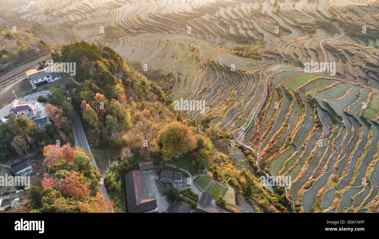 Aerial photo shows the winter scenery of terraced fields in Youyang ...