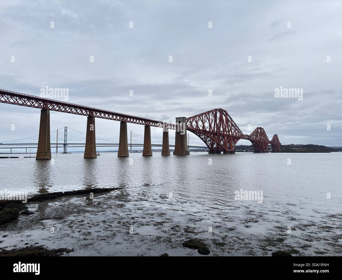 Landscape views of Forth Rail Bridge cantilever railway crossing wide ...