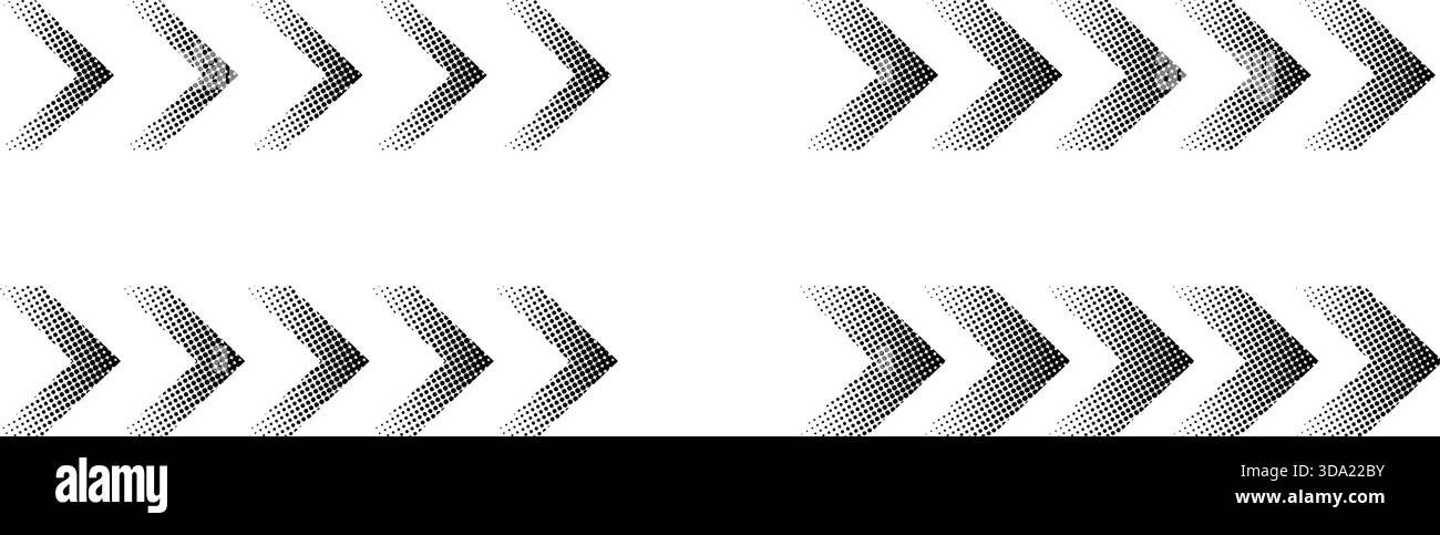Set of symbols with 5 chevron-shaped arrow with half tone, noise or ...