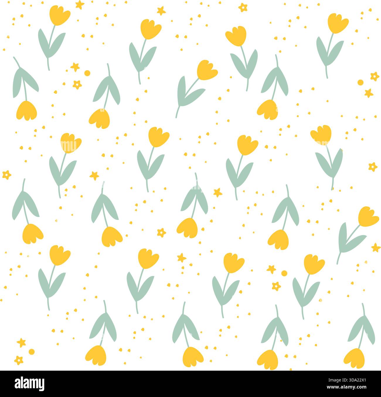 Cute Yellow Tulip Flower with Pastel Green Leaves Yellow Stars and Dot ...