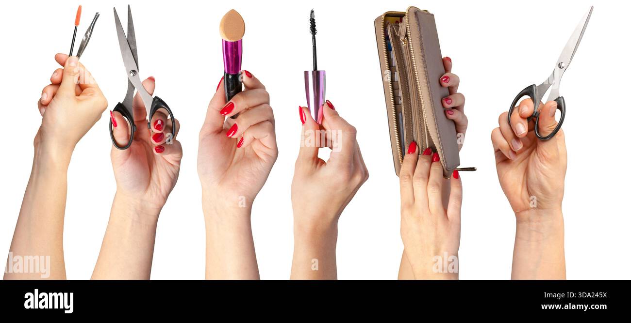 Expressions of hands showing various tools for beauty and daily tasks ...