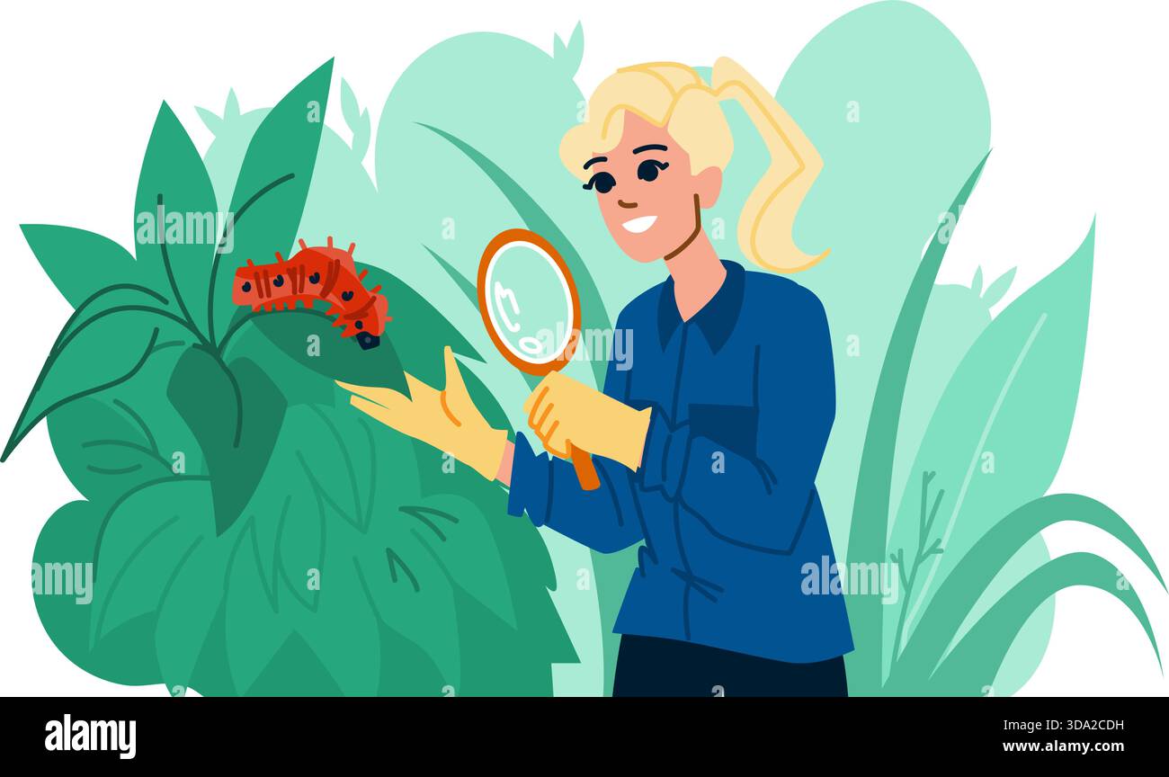 Woman entomologist observing caterpillar on plant leaf with magnifying ...