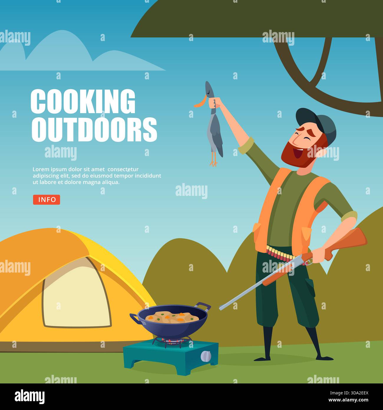 Cooking outdoors. camping background with hunter cooking duck Stock ...