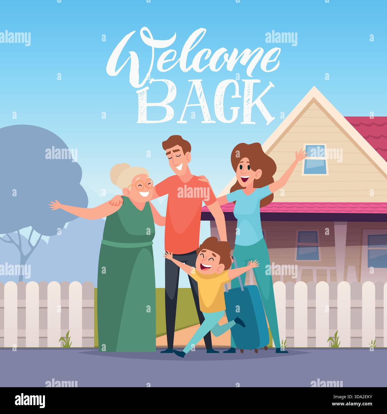 Happy family. welcome back dear grandmother. family couple invite and ...