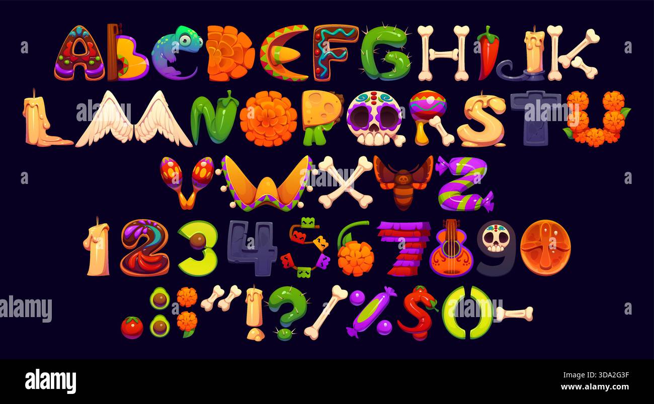 Dead Day font, cartoon Dia de los Muertos typeface, mexican religious ...
