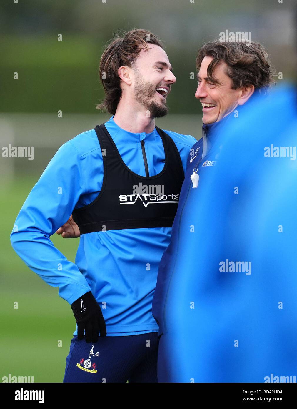 Tottenham Hotspur manager Thomas Frank hugs player James Maddison ...