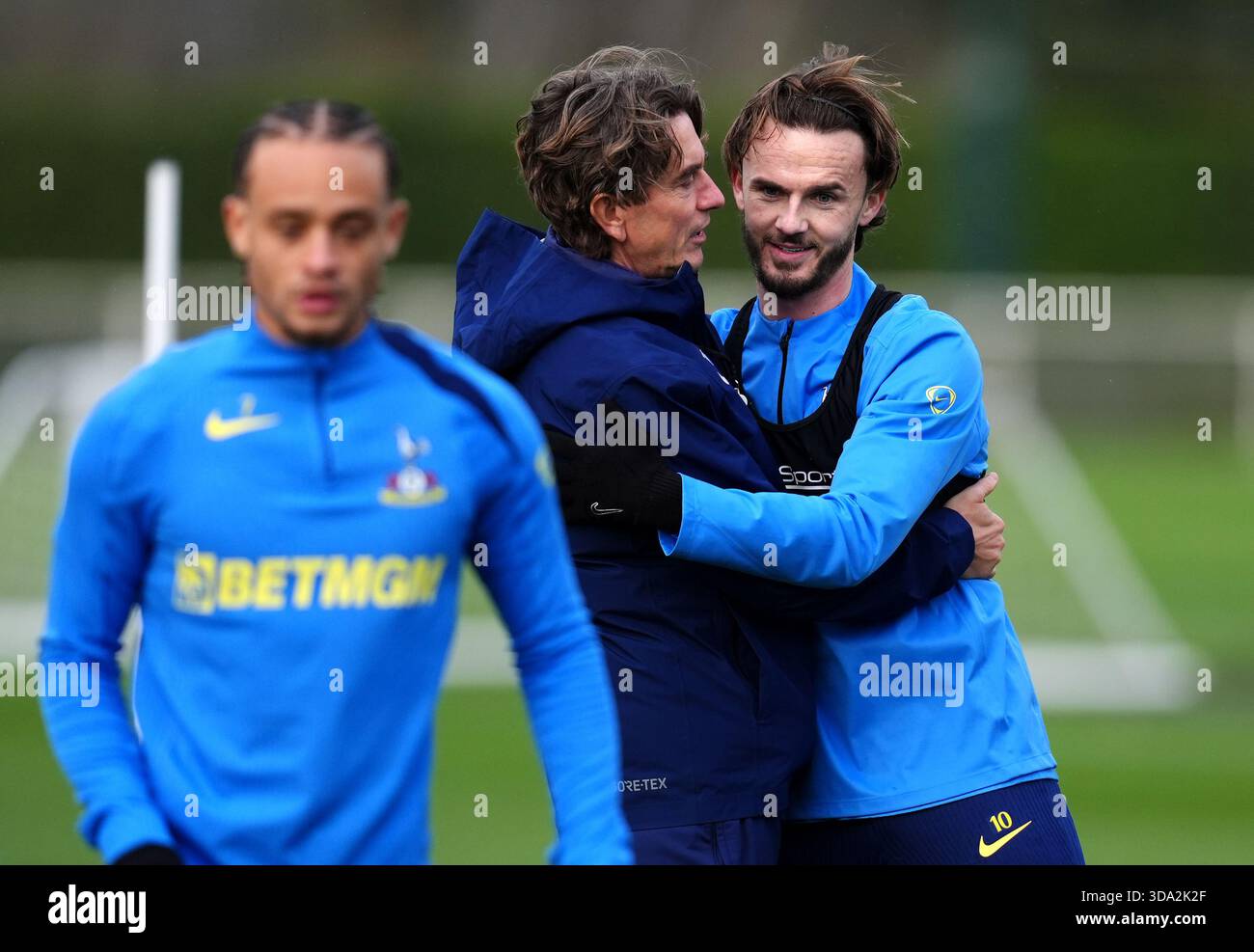 Tottenham Hotspur manager Thomas Frank hugs player James Maddison ...