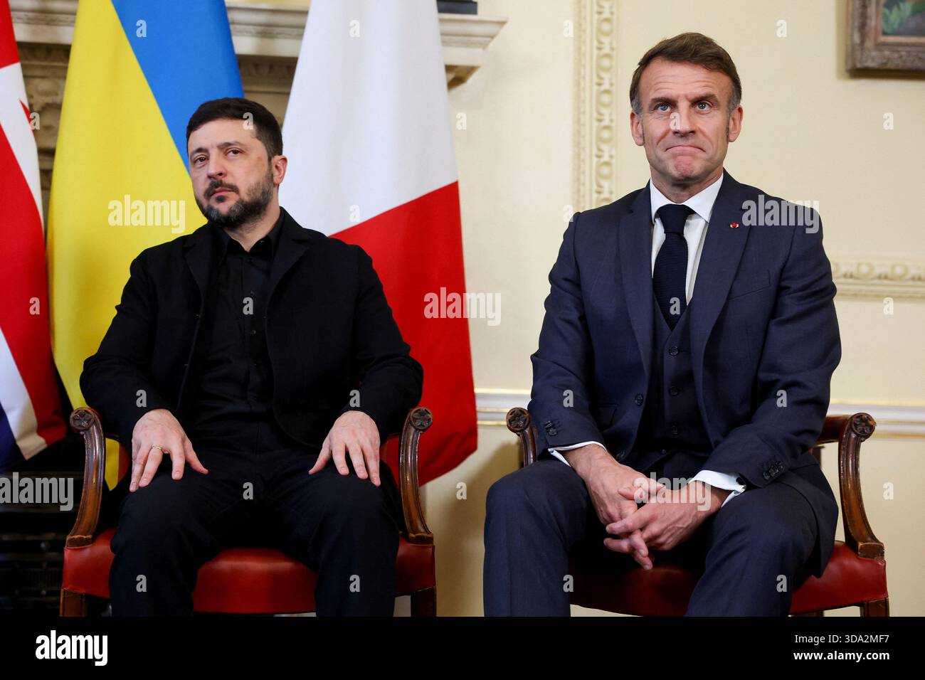 Ukrainian President Volodymyr Zelenskyy, left, and French President ...