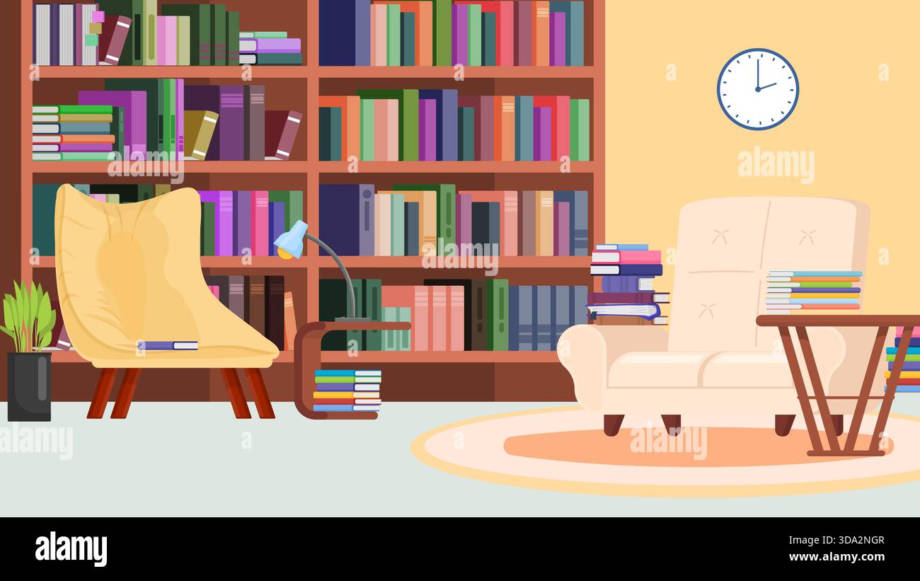 Library cartoon interior. Cozy chairs and bookshelf, books in piles ...