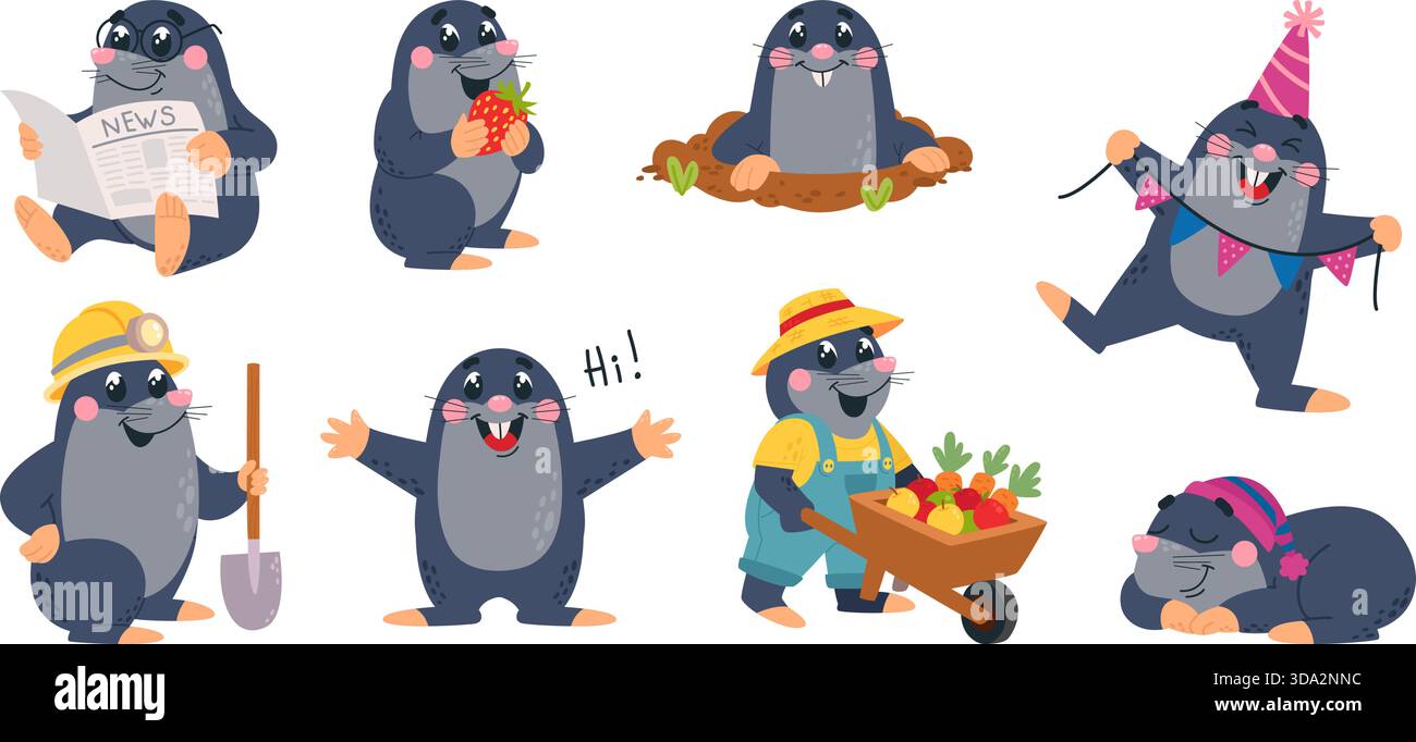 Funny cartoon moles. Adorable mole various activities. Growing plants ...