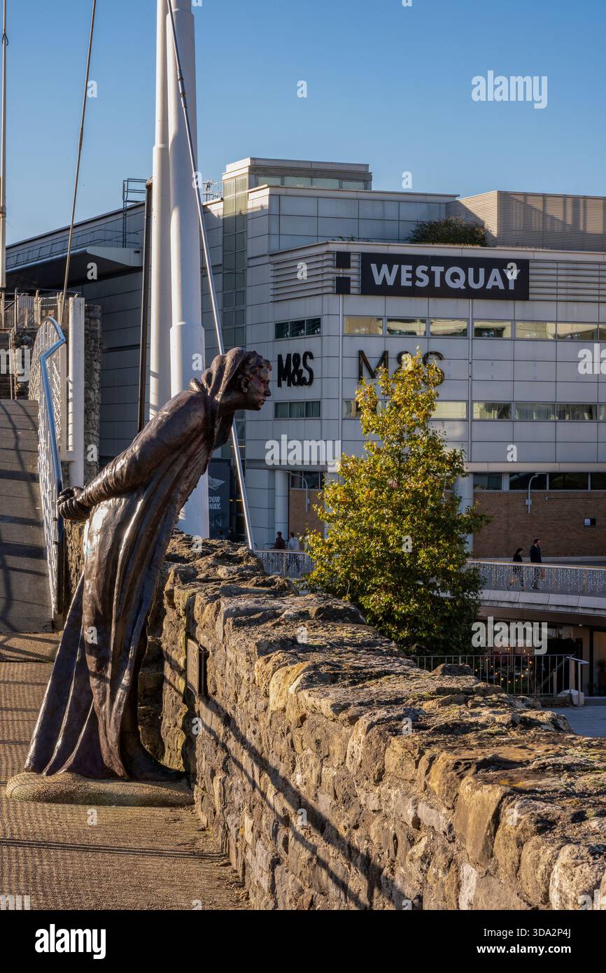 Statue of John Le Fleming mayor of Southampton overlooking west quay ...