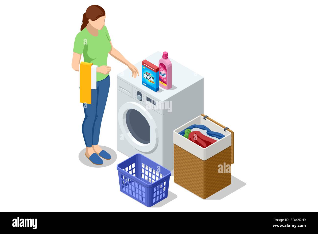 Isometric illustration of a woman doing laundry with washing machine ...