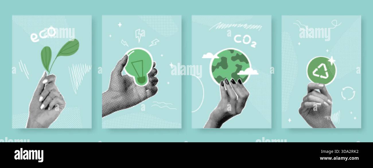 Halftone eco cards. Clean energy earth ecology collage concept ...