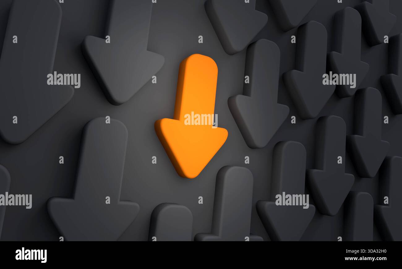 Orange arrow points downward surrounded be black arrows, same direction ...