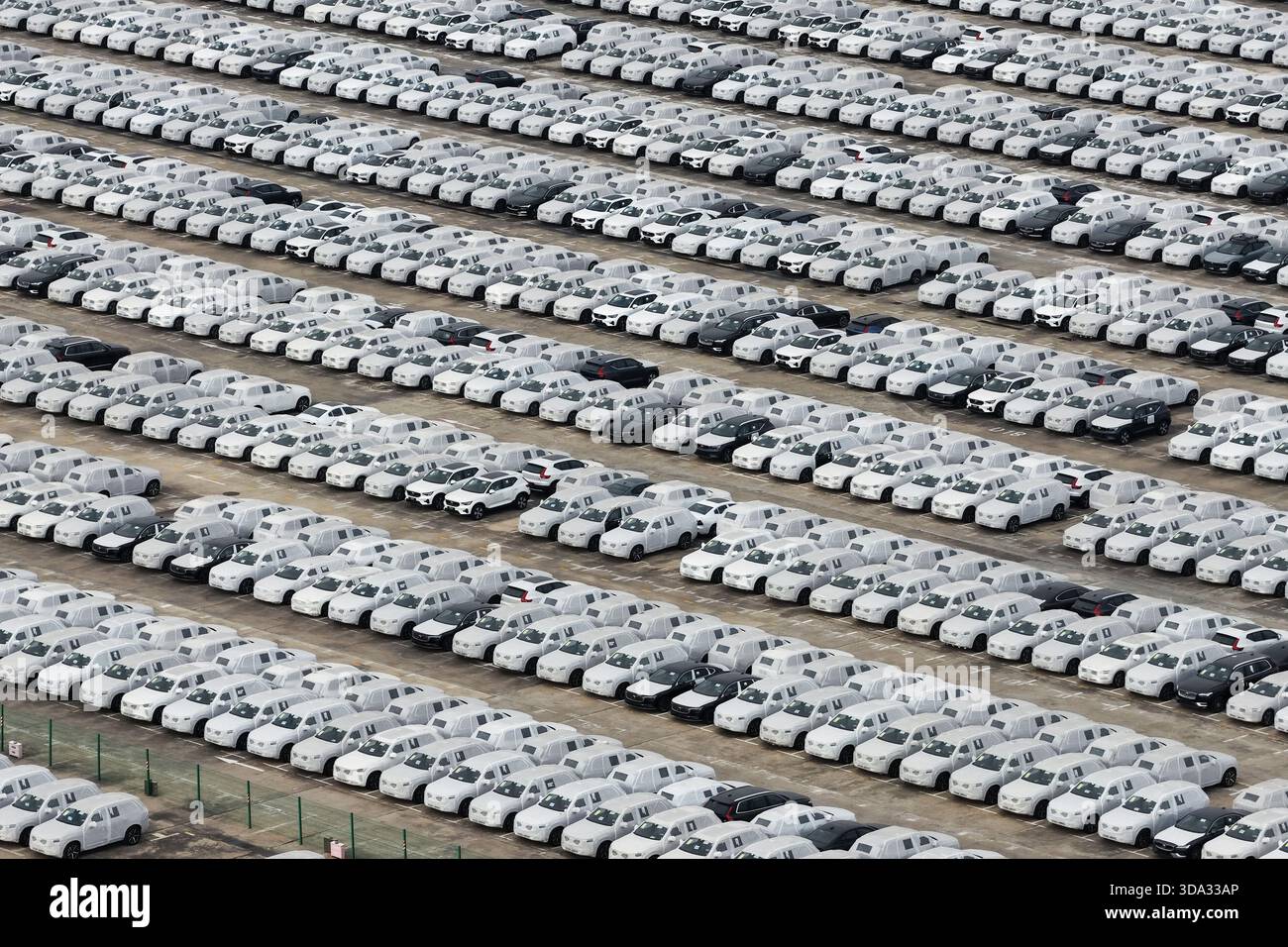 Aerial view of new cars waiting for shipment in the port in Nanjing in ...