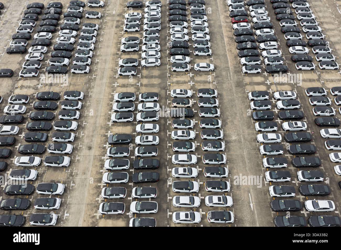 Aerial view of new cars waiting for shipment in the port in Nanjing in ...
