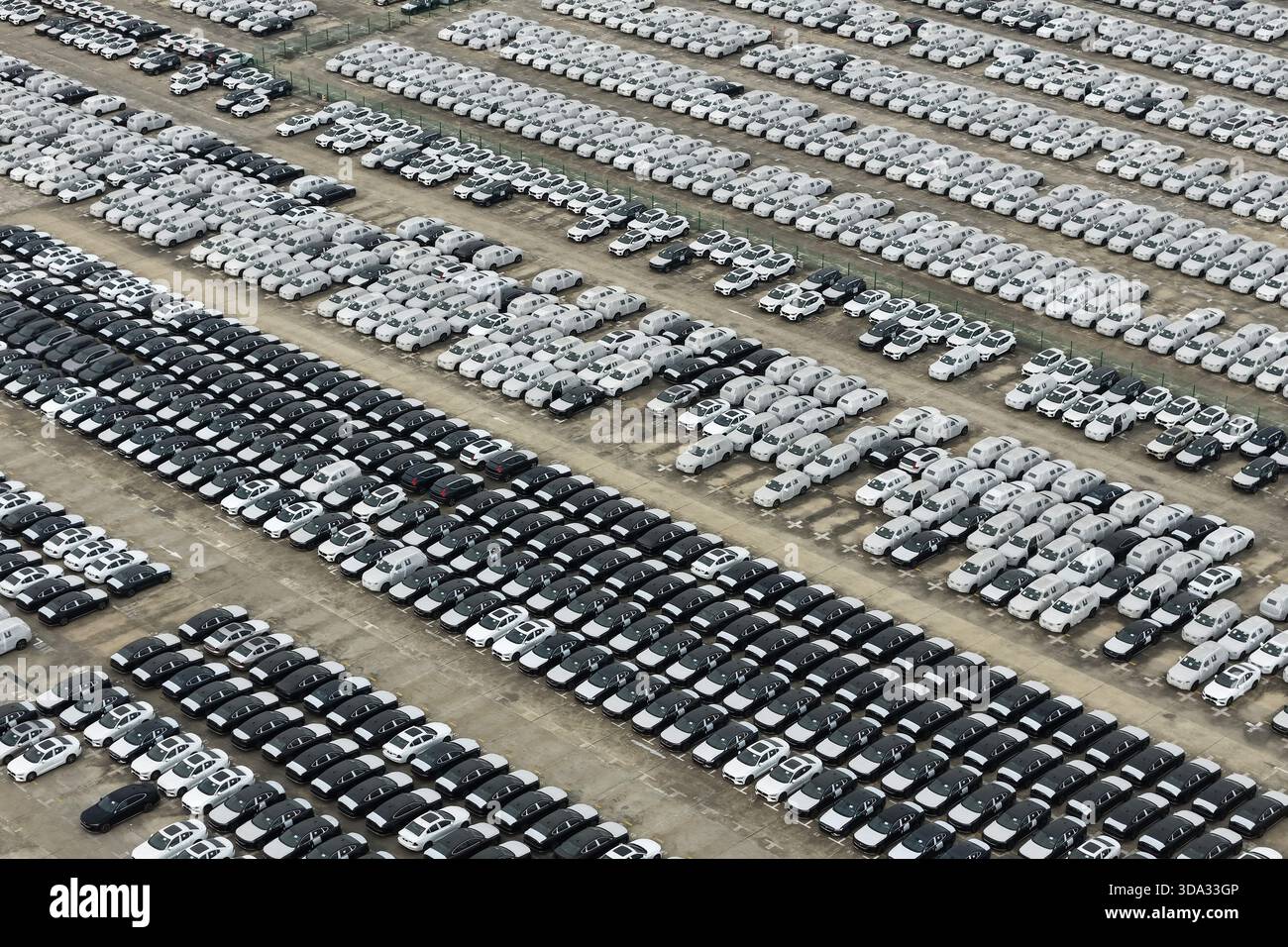 Aerial view of new cars waiting for shipment in the port in Nanjing in ...