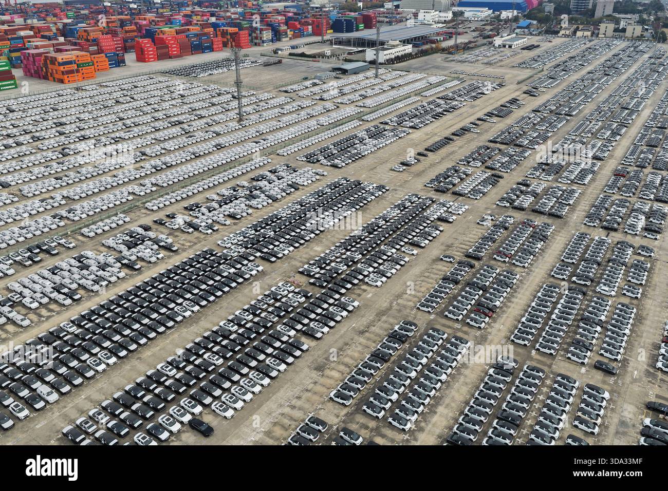 Aerial view of new cars waiting for shipment in the port in Nanjing in ...
