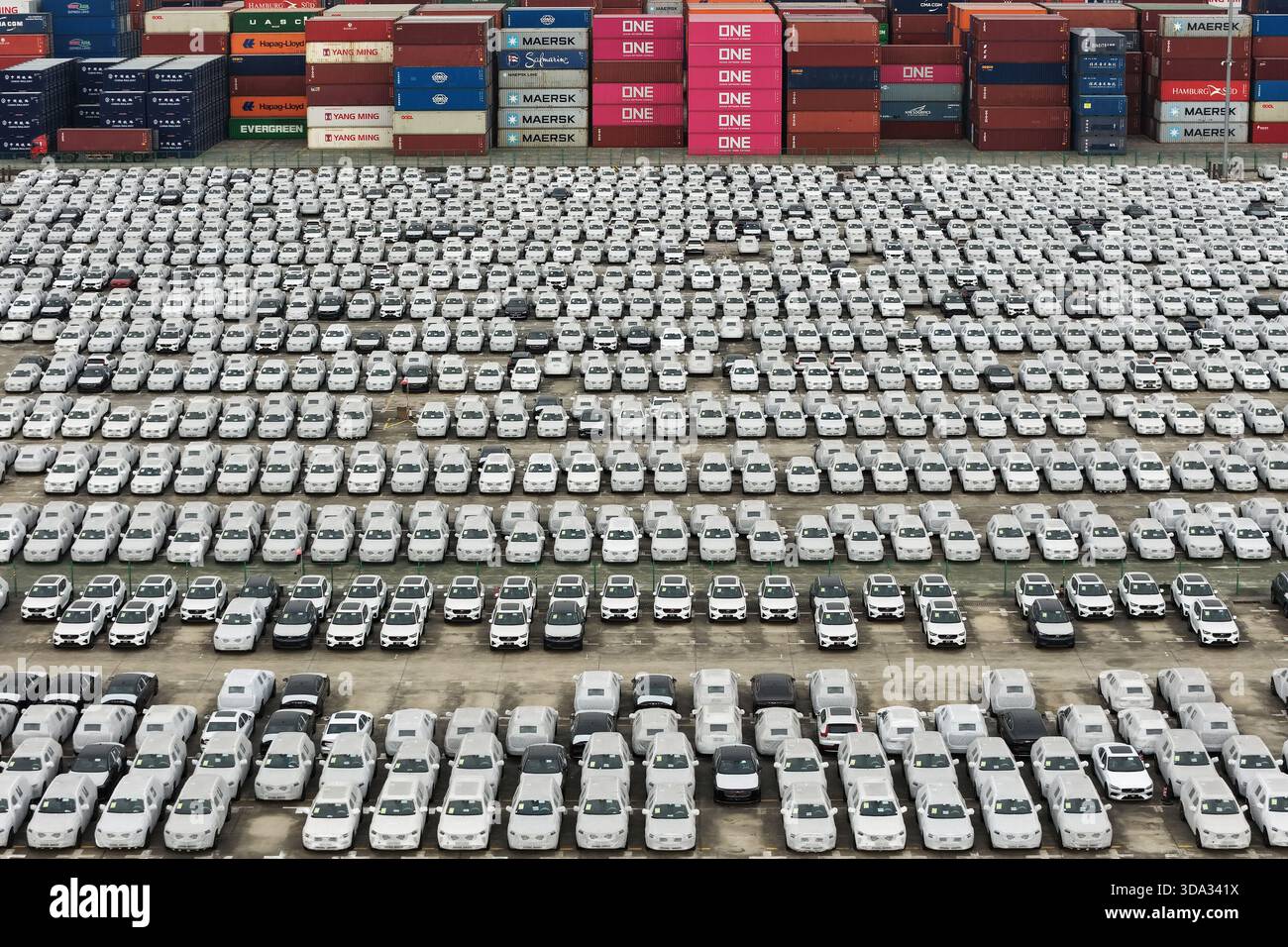Aerial view of new cars waiting for shipment in the port in Nanjing in ...