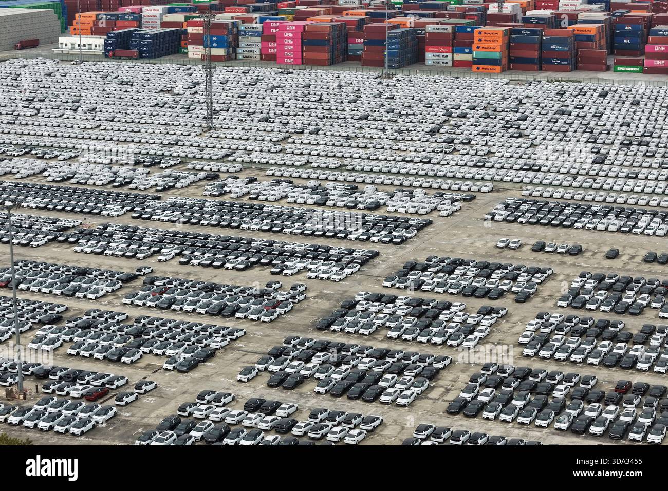 Aerial view of new cars waiting for shipment in the port in Nanjing in ...